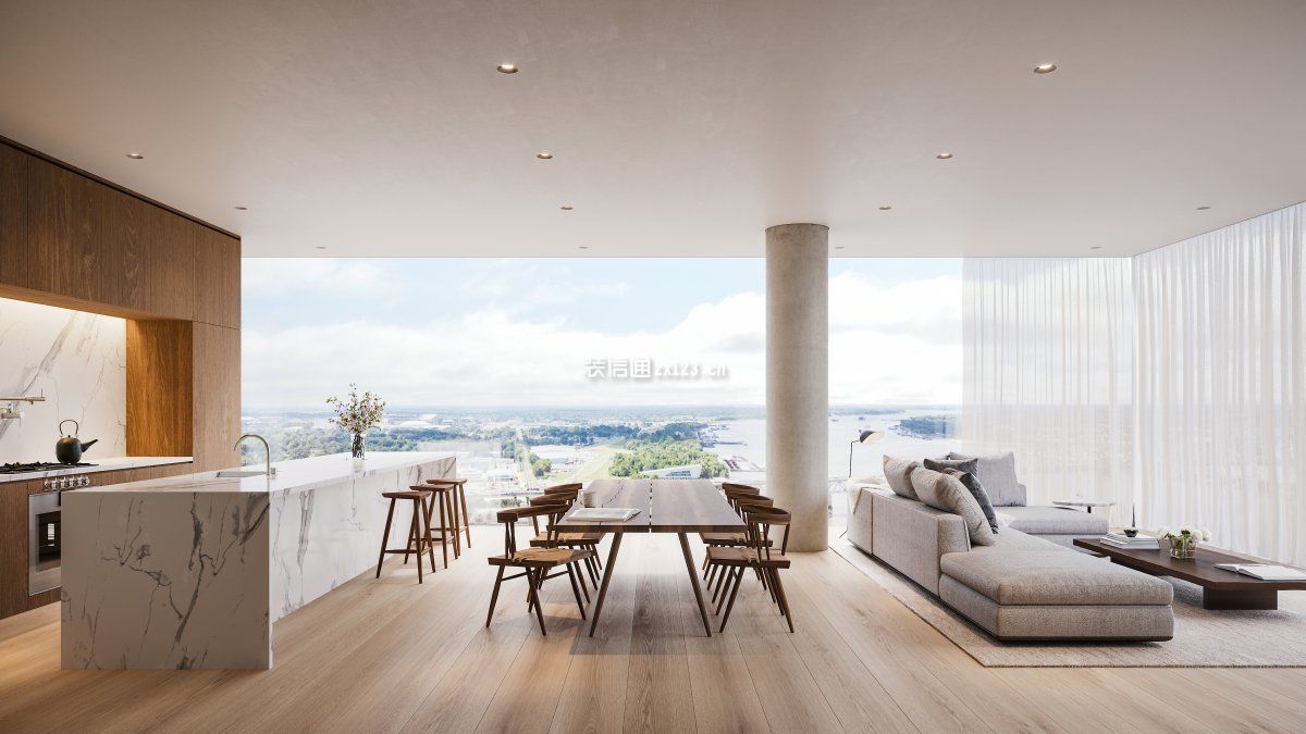 上海日月湖水景花园现代风格143平米设计方案 客厅厨房餐厅一体_装信通网